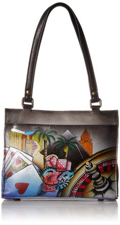 Anuschka Sin City Damen-Umh&auml;ngetasche, echtes Leder, gro&szlig;, mit Rei&szlig;verschluss, handbemalt, Original-Kunstwerk, Organizer mit Rei&szlig;verschluss