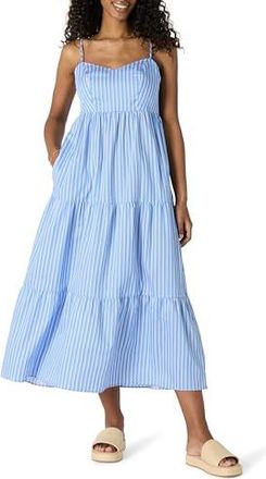 Amazon Essentials Robe Longue à Volants en Satin de Coton, Taille Empire, Coupe Ajustée et Évasée Femme, Bleu Blanc Rayures, XXL