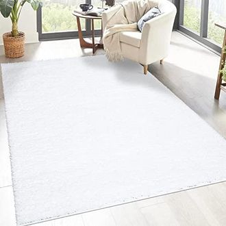 Carpet City Shaggy Tapis de salon, &agrave; poils longs, motif uni, blanc, 200 x 200 cm, carr&eacute;, doux et moelleux, moderne, convient &eacute;galement &agrave; la chambre &agrave; coucher