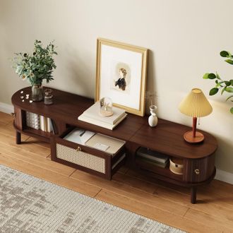 STILVORA Meuble TV avec 2 Portes Coulissantes et 2 Tiroirs en Rotin, Style Naturel, Salon, en Panneaux, 170&times;39,5&times;38 cm