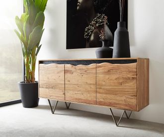 DELIFE Sideboard Stonegrace 147x45 cm Akazie Natur 3 Türen Baumkante, Sideboards