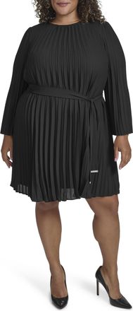 DKNY Womens Dresses,L/S Pleated A-LINE, Black,16W