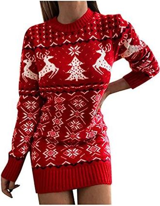 Generic Pull de No&euml;l pour femme - Robe dhiver chaude - Vintage - Motif norv&eacute;gien - Robe pull &agrave; manches longues - Robe de No&euml;l - Coupe ajust&eacute;e - Mini robe de f