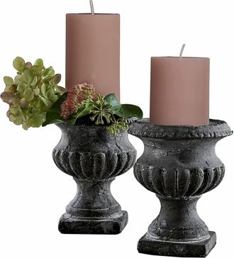 Loberon Kerzenständer 2er Set Renny, antik anmutende Handarbeit, mediterraner Charakter, für Stumpenkerzen, Dekoration, Wohn-Accessoires, Terrakotta, antiksch