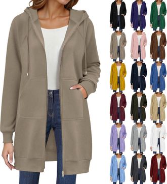 Generic Kapuzenjacke Damen Lang Sweatjacke mit Kapuze Hoodie Jacke Übergangsjacke Casual Sweatshirts Einfarbig Strickjacke Herbst Winter Mantel Locker Kapuzen