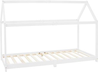 ML Design Kinderbett 90 x 200 cm mit Dach und Lattenrost, Weiß, Hausbett für Mädchen und Jungen, Kinderhaus aus massivem Kiefernholz, Bodenbett Jugendbett