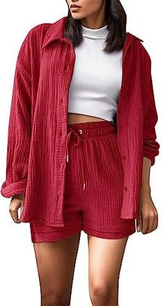 Generic Ensemble 2 pi&egrave;ces pour femme - Tenue de plage assortie - Chemise deux pi&egrave;ces &agrave; manches longues et short &agrave; cordon de serrage - Surv&ecirc;tement d&eacute;t&eacute; 2026 as