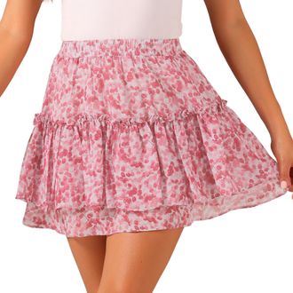 Allegra K Damen Blumenrock Sommer Hoher Taille A Linie Ruffle Layered Kurz Minirock Rock Grau Lila XL