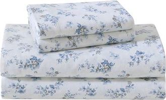 Laura Ashley Bettw&auml;sche-Set f&uuml;r King-Size-Bett, Baumwoll-Flanell-Bettw&auml;sche, geb&uuml;rstet f&uuml;r zus&auml;tzliche Weichheit und Komfort (Audrey Blue, King)