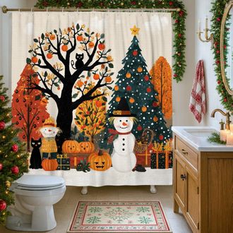 Generic Duschvorhang mit Schneemann-Motiv, Herbstfest, Kürbisbaum, Herbst, Orange, waschbar, mit Haken, Badewannentuch, Vorhänge, Dekoration für Toilette, Bad