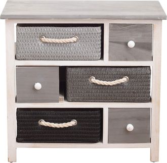 Mobili Rebecca Mehrzweckkommode mit 6 Schubladen, moderner Allzweckschrank, Holz Weidenkörbe, Weiß Grau, für Schlafzimmer Badezimmer - Maße: 53 x 56 x 27 cm (HxLxB) 