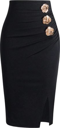 SOLY HUX Damen Rock Enger Elegant Knielant Bleistiftrock mit Blumendeko Figurbetont Midirock mit Schlitz Business Casualrock Herbst Outfit Schwarz XL