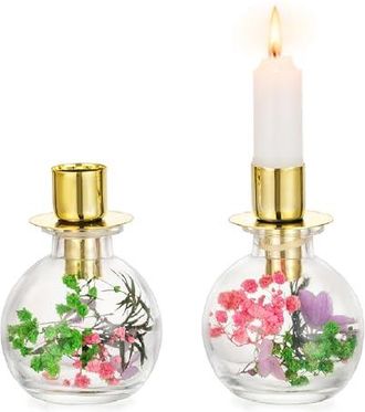 Nuptio Bougeoirs avec fleurs s&eacute;ch&eacute;es Bougeoirs &agrave; tige : 2 bougeoirs en verre Cadeaux pour femmes D&eacute;coration de table &agrave; manger Printemps Boho D&eacute;coration dor&eacute;e
