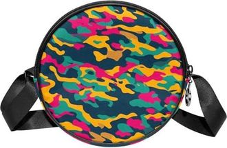 Generic Petit sac &agrave; bandouli&egrave;re rond pour femme, motif camouflage color&eacute;, avec fermeture &eacute;clair, bretelles r&eacute;glables, sac &agrave; main rond d&eacute;contract&eacute; pour femmes 