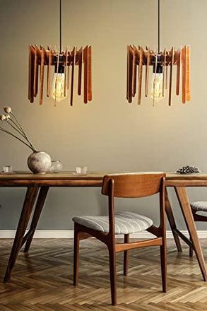 Opviq Scandinavian ZigZag Chandelier (2 Pieces), Walnut Color, 55 cm Height | Adjustable Cable, E27 Socket, Stylish MDF Design for Modern Spaces
