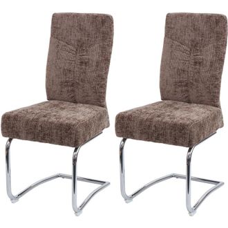 Hhg 2er-Set Esszimmerstuhl HHG 125, K&uuml;chenstuhl Freischwinger Stuhl Lehnstuhl, Metall Stoff/Textil Chenille braun