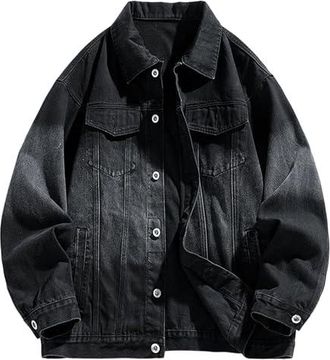 Generic Veste en jean oversize d&eacute;contract&eacute;e pour homme, style trucker classique, coupe droite, revers, v&ecirc;tement dext&eacute;rieur tendance, noir, taille L