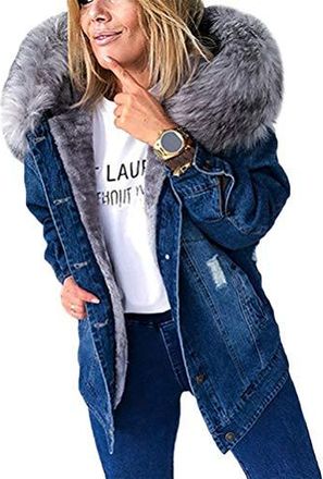Minetom Manteau Femme Veste en Jean Parka Capuche Fourrure Manteau Hiver Chaud Slim Bouton Veste Col Capuche Fourrure Fausse Denim Manteaux A Bleu Foncé XXL