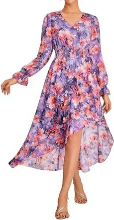 Grace Karin Robe d&eacute;t&eacute; pour femme, coupe trap&egrave;ze, manches longues, motif floral, taille &eacute;lastique, &eacute;l&eacute;gante, robe dinvit&eacute;e de mariage irr&eacute;guli&egrave;re, Fleur violet-rou
