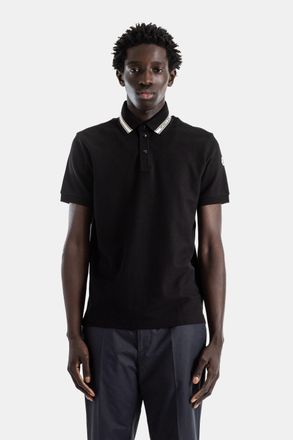Moncler Mens Black Cotton Piqu&eacute; Polo Shirt Striped Collar Lettering T-Shirts And Polos
