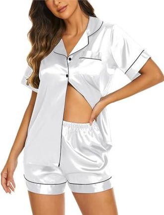 Ekouaer Pyjama Femme Été Ensemble de Pyjama Court 2 Pièces Vêtements de Nuit Femmes Sleepwear Loungewear Casual Confortable et Doux Blanc S
