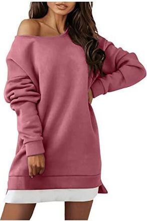 Generic Robe amincissante &agrave; manches longues et &eacute;paules d&eacute;nud&eacute;es pour femme, l&eacute;g&egrave;re, surdimensionn&eacute;e, couleur unie, robe pull midi, rose, L