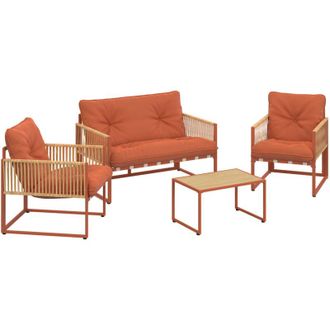 IDMarket Salon de jardin bas RIO 4 places structure m&eacute;tal terracotta, cordage effet rotin avec coussins terracotta