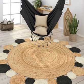 Paco Home Paco Home - Teppich Wohnzimmer Rund Kurzflor Hangewebt Cut-Out Muster Einfarbig Modern Beige Schwarz Creme 160 cm Rund