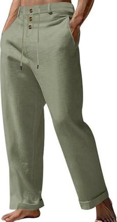 Generic Pantalon de jogging pour homme en lin avec jambe droite et taille et cravate pour printemps et automne, vert, XXL