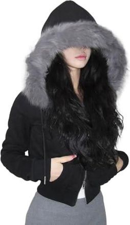ORANDESIGNE Sweat &agrave; Capuche Femme R&eacute;tro D&eacute;contract&eacute; Manteau Courte Ajust&eacute; avec Fermeture &Eacute;clair et Col en Fausse Fourrure Y2k Sweatshirt Chic E Noir M