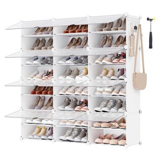 Songmics Schuhregal, Schuhschrank, f&uuml;r Garderobe und Eingangsbereich, anpassbar, 12 F&auml;cher, f&uuml;r bis zu 48 Paar Schuhe, wolkenwei&szlig;-transparent LPC040W01