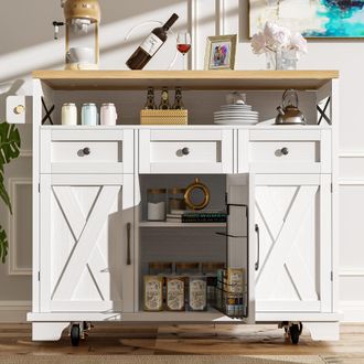 Merax K&uuml;cheninsel mit klappbare Arbeitsplatte, beweglicher K&uuml;chenwagen mit 3 T&uuml;ren, 3 Schubladen, offener Stauraum, Handtuchregale an der Seite, 118&times;43(80)&times;