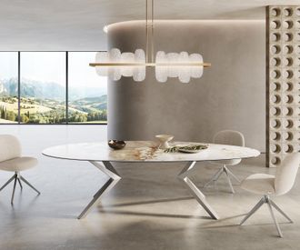 DELIFE Esstisch Edge Oval 280x130 Keramik Minas Melange Wei&szlig;-Beige Zenthara kantig Edelstahl, Esstische