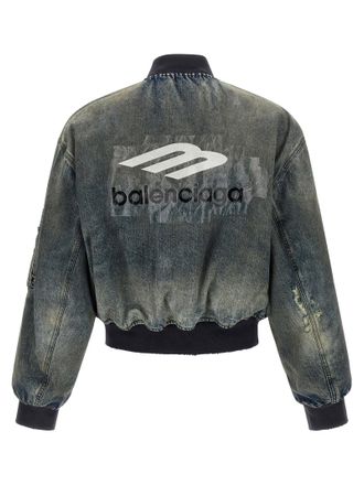 Balenciaga Stone-Washed Denim Bomber Jacket - Gray