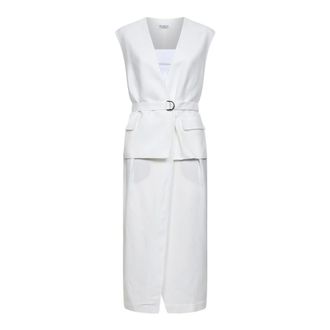 Brunello Cucinelli Femme, Robes, Blanc, Taille: 40 FR Robe Midi Ceintur&eacute;e &agrave; Col en V