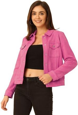 Allegra K Veste femme en simili daim avec col rabattu et poches à rabat Rose Vif XS