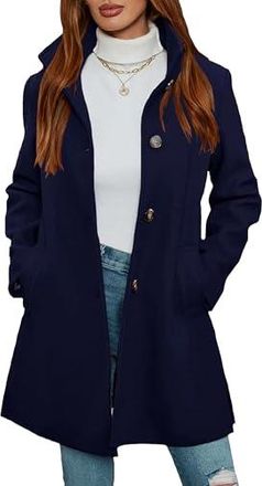 Generic Winter Wool Coats for Women Winter Mid Long Notch Lapel Single Breasted Peacoat Casual Trench Coats Outwear Navy Blue X Large