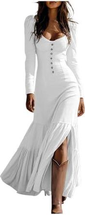 Generic Robe de cowgirl occidentale pour femme, manches longues, col en V, boutons, robe maxi vintage, fente lat&eacute;rale, style boh&egrave;me, robe trap&egrave;ze fluide, blan