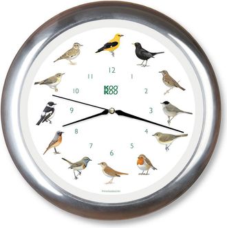 KooKoo Singvögel Quarzwerk Chrom, Die Singende Vogeluhr, runde Wanduhr mit natürlichen Vogelstimmen