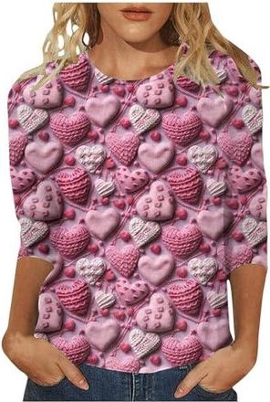 Generic T-shirt d&eacute;contract&eacute; &agrave; col rond et manches trois-quarts imprim&eacute; pour la Saint-Valentin 2026, multicolore, XXL