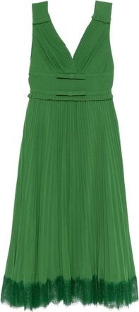 Self Portrait Robe Mi-longue Pliss&eacute;e avec Bordure en Dentelle - Femme - Robes - Vert - Taille: 36 FR
