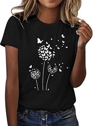 Generic T-shirt &agrave; manches courtes pour femme avec col rond Motif pissenlit pour femme, Noir, XXL