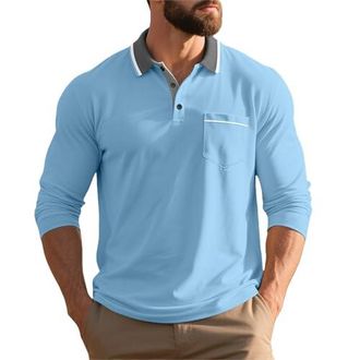 Generic Polo &agrave; manches longues pour homme avec poche en coton boutonn&eacute;e pour affaires et bureau - Pull d&eacute;contract&eacute; 2026, bleu clair, 3XL