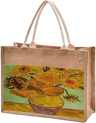 Mnsruu Sac fourre-tout en toile de jute naturelle avec poignées en coton et fermeture éclair réutilisable, grand sac à déjeuner pour courses, cadeau, marron,