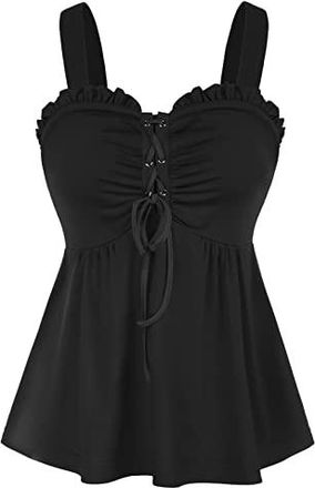 Belle Poque D&eacute;bardeur pour Femme sans Manches avec Volants, Ligne A, Camisole, f&ecirc;te, Loisirs, Plage, Noir, M