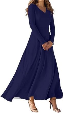 Generic Robes pour femme - Manches longues - D&eacute;contract&eacute;e - Col en V - Couleur unie - Robe longue d&eacute;t&eacute; pour femme - Longueur genou - Fleurs, bleu fonc&eacute;, XXL