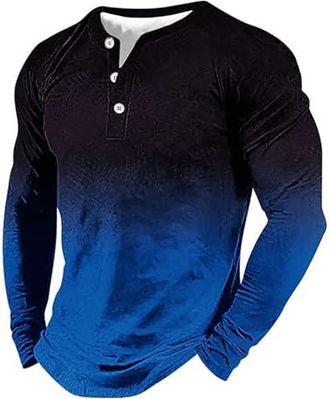 Generic T-shirt Henley en coton l&eacute;ger et d&eacute;contract&eacute; &agrave; manches longues avec trois boutons - Coupe droite - Imprim&eacute; 3D - Couleur d&eacute;grad&eacute;e - Coupe classique - R