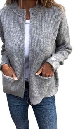 Generic Veste tricotée à col rond et fermeture éclair, style décontracté, manches longues, col rond, avec poches, ouverture sur le devant, gris, 3XL
