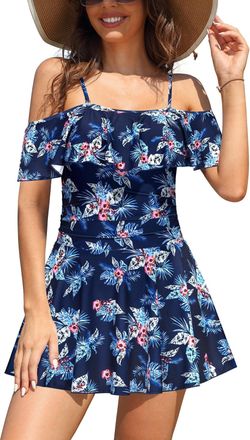 SHEKINI Damen Einteiliger Badeanzug Badekleid Rückenfrei Baderock Ruched Bauchweg Bauchkontrolle Damen Strandbadeanzug Bademode Großer Größe Schwimmrock(XL,Ma