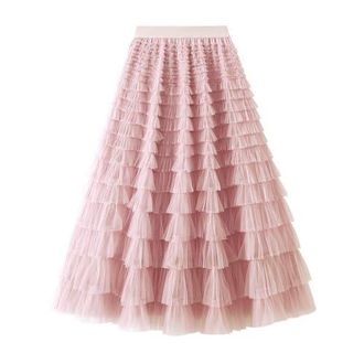 Generic Jupe longue pliss&eacute;e en mousseline de soie pour femme - Jupe tutu &agrave; volants - Longueur mollet - Taille haute, rose, M